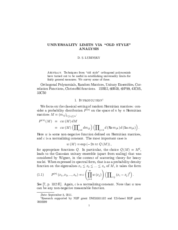 (PDF) Universality Limits via Old Style Analysis