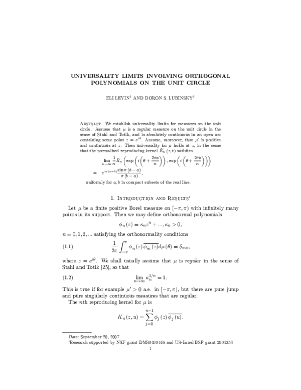 (PDF) Universality Limits Involving Orthogonal Polynomials on the Unit Circle