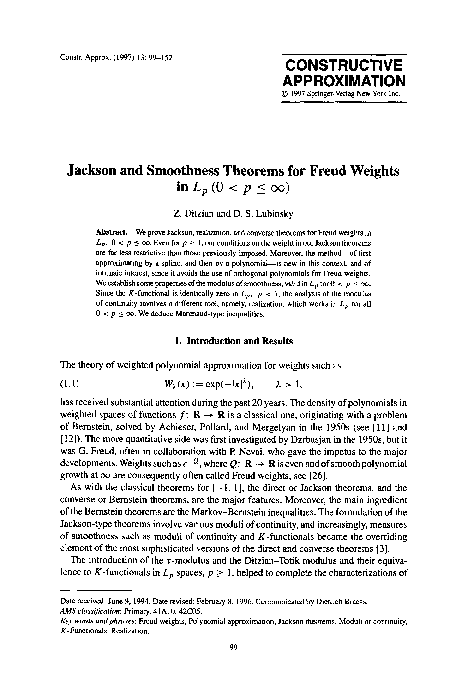 (PDF) Jackson and smoothness theorems for freud weights