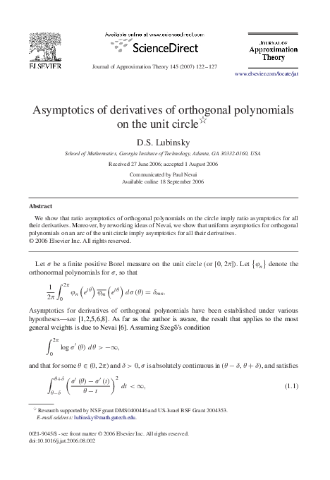 (PDF) Asymptotics of derivatives of orthogonal polynomials on the unit circle