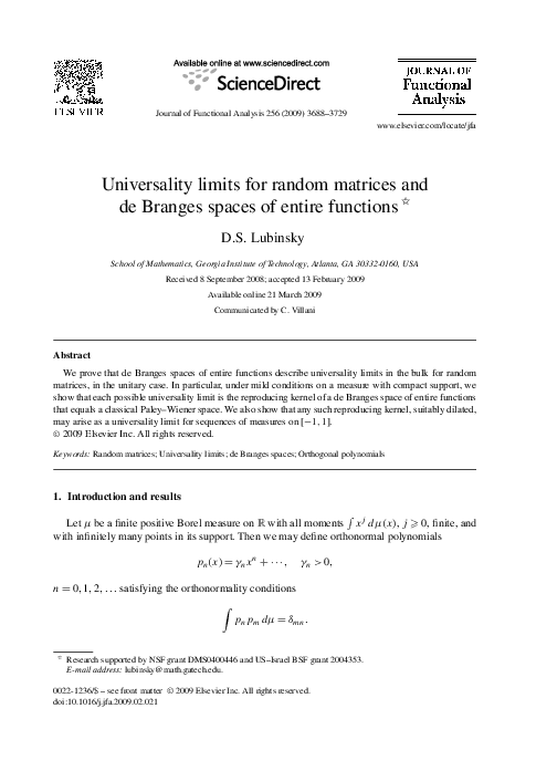 (PDF) Universality limits for random matrices and de Branges spaces of entire functions | Doron ...