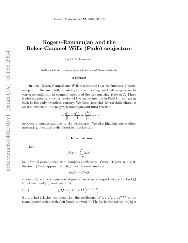 (PDF) Rogers Ramanujan and the Baker Gammel Wills (Pad ) conjecture ...