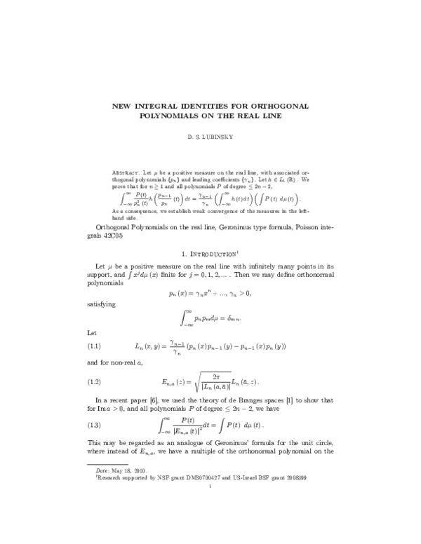(PDF) New integral identities for orthogonal polynomials on the real line