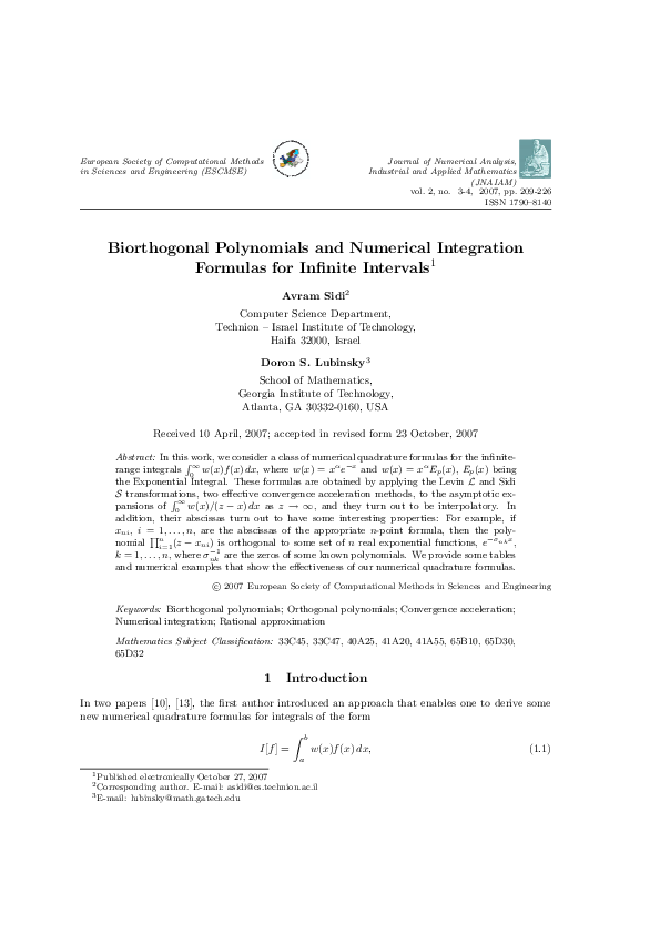 (PDF) Biorthogonal Polynomials and Numerical Integration Formulas for Infinite Intervals