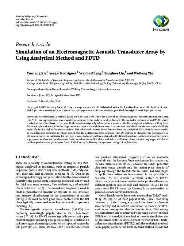 Pdf Simulation Of An Electromagnetic Acoustic Transducer Array By Using Analytical Method And Fdtd