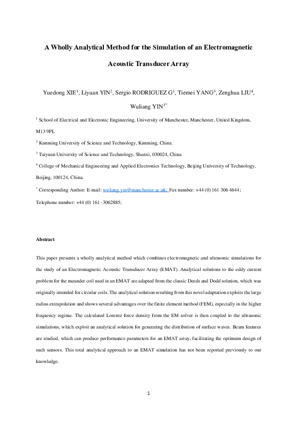 Pdf A Wholly Analytical Method For The Simulation Of An Electromagnetic Acoustic Transducer Array