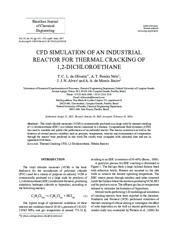 Pdf Cfd Simulation Of An Industrial Reactor For Thermal Cracking Of 1 2 Dichloroethane