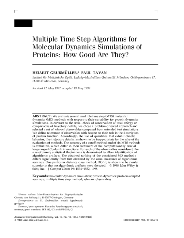 (PDF) Multiple time step algorithms for molecular dynamics simulations of proteins: How good are ...