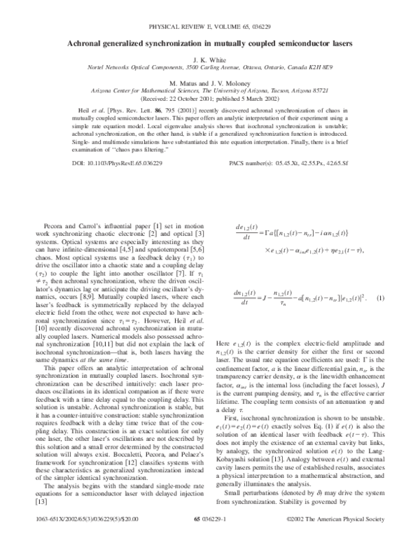 Pdf Achronal Generalized Synchronization In Mutually Coupled Semiconductor Lasers