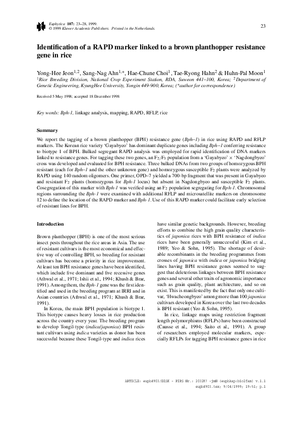 (PDF) Identification of a RAPD marker linked to a brown planthopper ...
