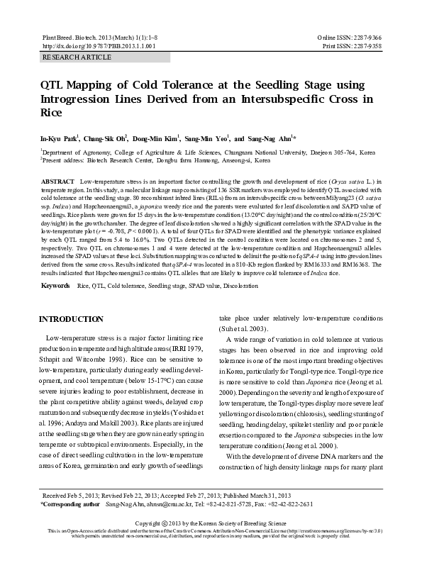 (PDF) QTL Mapping of Cold Tolerance at the Seedling Stage using an Introgression Lines Derived ...