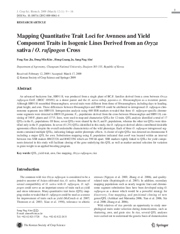 (PDF) Mapping quantitative trait loci for awnness and yield component traits in isogenic lines ...