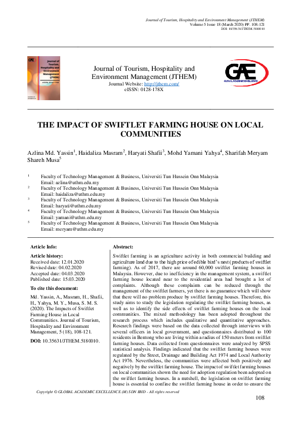 (PDF) The Impact of Swiftlet Farming House on Local Communities