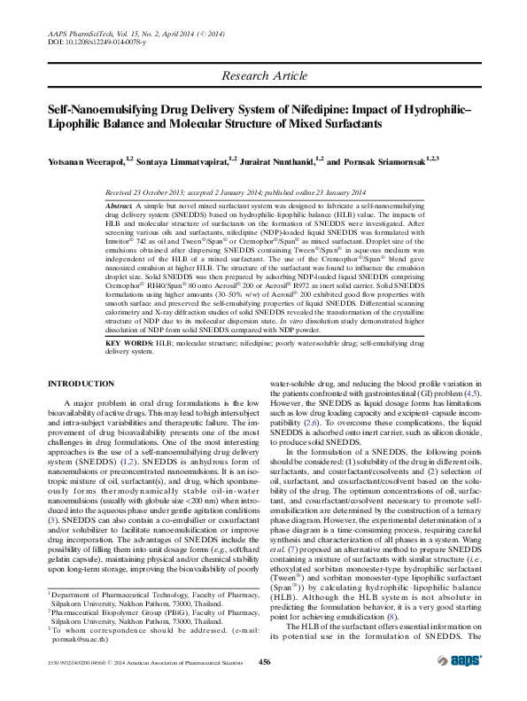 Pdf Self Nanoemulsifying Drug Delivery System Of Nifedipine Impact Of Hydrophilic Lipophilic