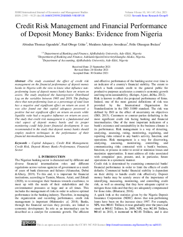 (PDF) Credit Risk Management and Financial Performance of Deposit Money ...