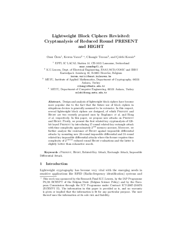 (PDF) Lightweight block ciphers revisited: Cryptanalysis of reduced round PRESENT and HIGHT