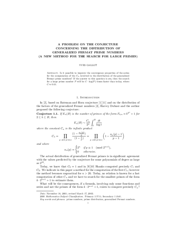 (PDF) A Problem on the Conjecture Concerning the Distribution of Generalized Fermat Prime ...
