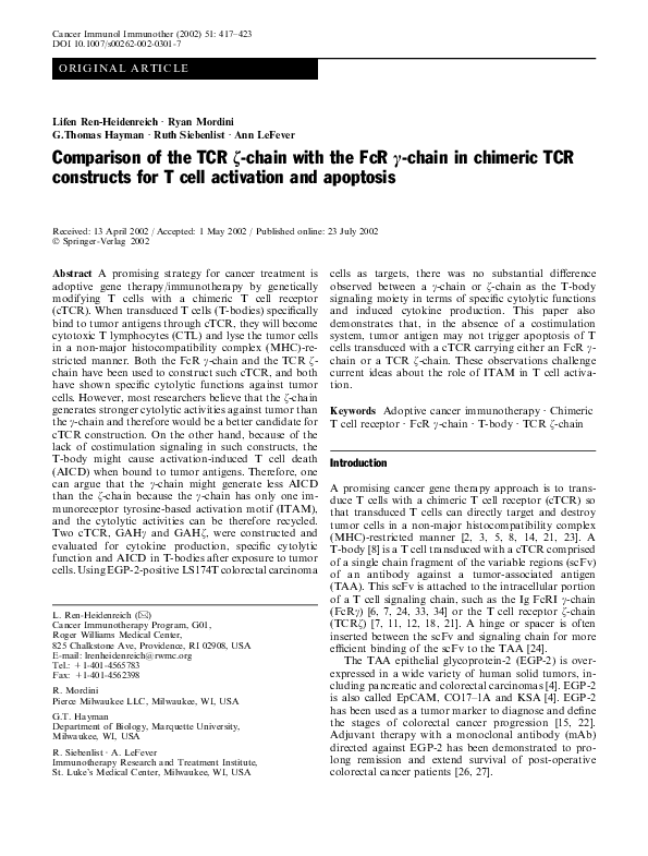 (PDF) Comparison of the TCR ?-chain with the FcR ?-chain in chimeric ...