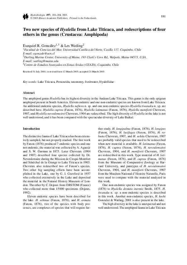 (PDF) Two new species of Hyalella from Lake Titicaca, and ...