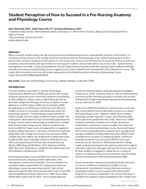 Pdf Student Perception Of How To Succeed In A Pre Nursing Anatomy And