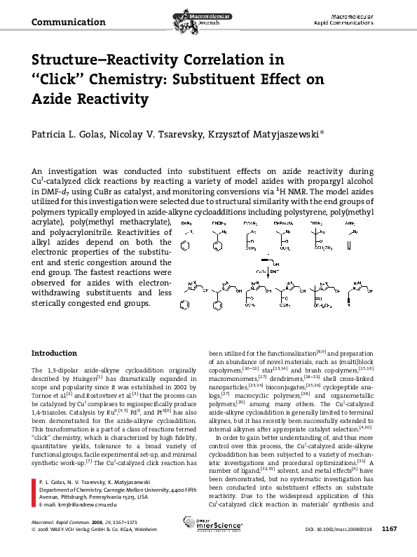 Pdf Structure Reactivity Correlation In Click Chemistry Substituent Effect On Azide Reactivity