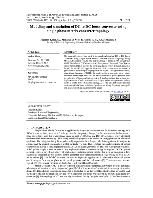 (PDF) Modeling and simulation of DC to DC boost converter using single phase matrix converter ...