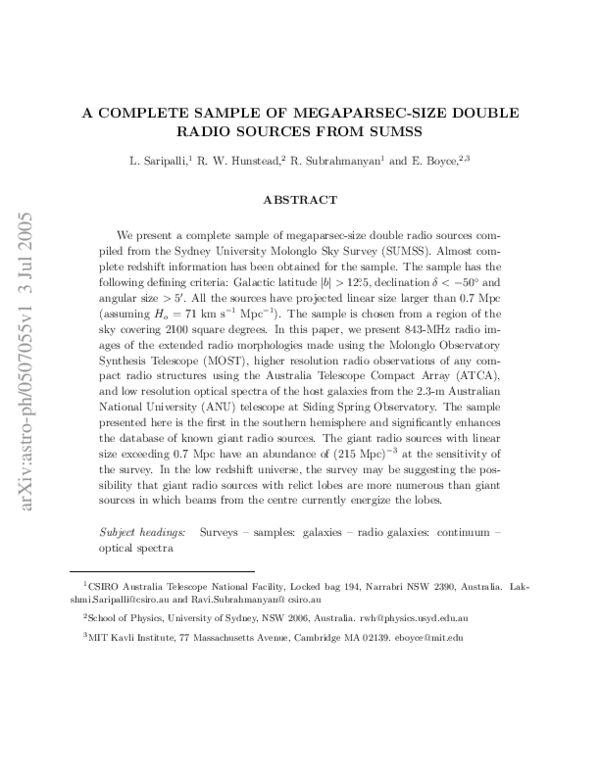 (PDF) A Complete Sample of Megaparsec-sized Double Radio Sources from ...