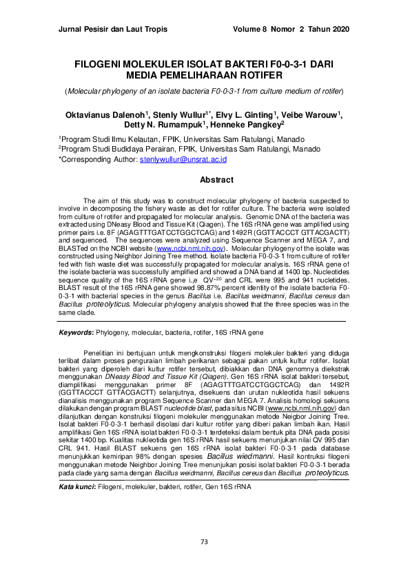 (PDF) Filogeni Molekuler Isolat Bakteri F0-0-3-1 Dari Media ...