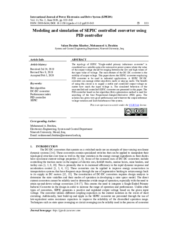 Pdf Modeling And Simulation Of Sepic Controlled Converter Using Pid Controller