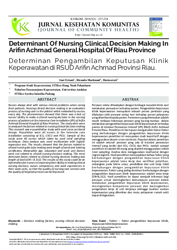(PDF) An DETERMINANT OF NURSING CLINICAL DECISION MAKING IN ARIFIN ...