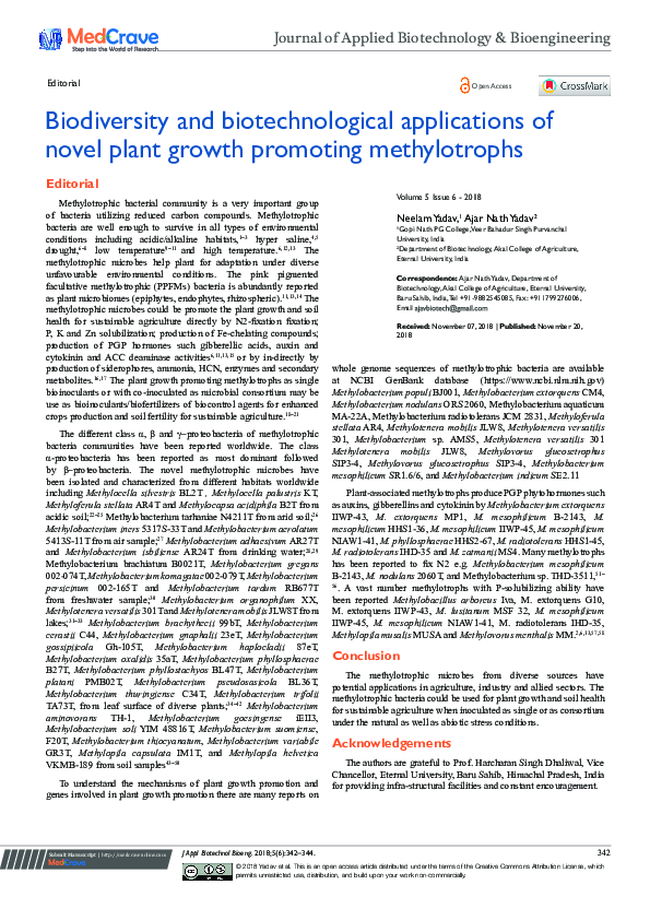 (PDF) Biodiversity and biotechnological applications of novel plant growth promoting methylotrophs