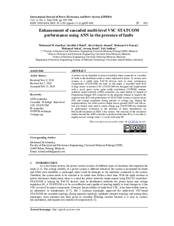 Pdf Enhancement Of Cascaded Multi Level Vsc Statcom Performance Using