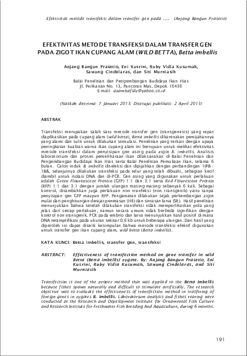 (PDF) EFEKTIVITAS METODE TRANSFEKSI DALAM TRANSFER GEN PADA ZIGOT IKAN CUPANG ALAM (WILD BETTA ...