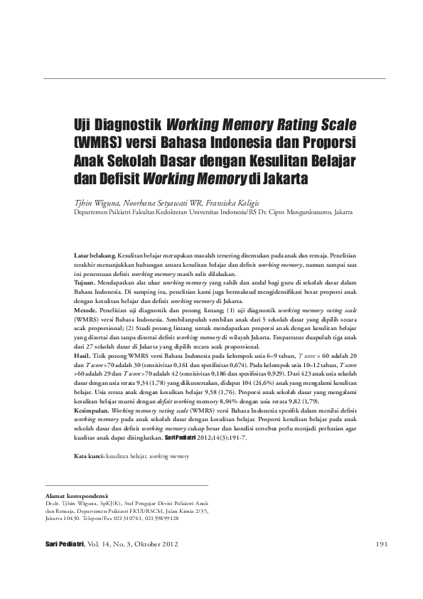 (PDF) Uji Diagnostik Working Memory Rating Scale (WMRS) versi Bahasa Indonesia dan Proporsi Anak ...