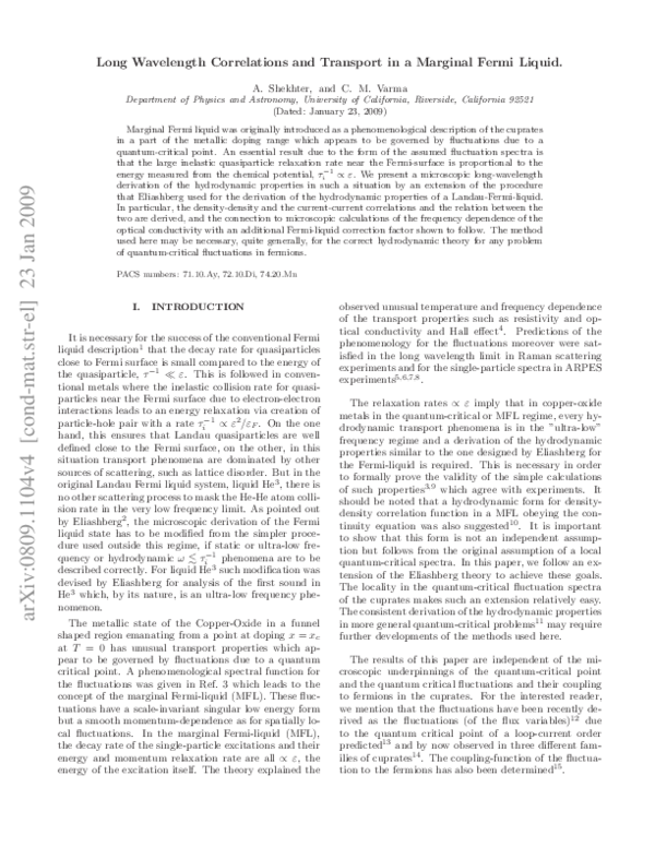 (PDF) Long-wavelength correlations and transport in a marginal Fermi liquid