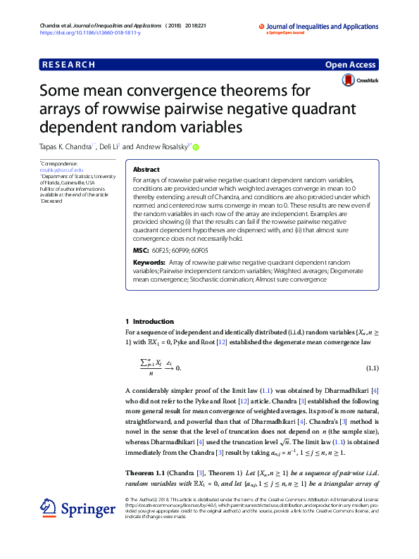 Pdf Some Mean Convergence Theorems For Arrays Of Rowwise Pairwise Negative Quadrant Dependent