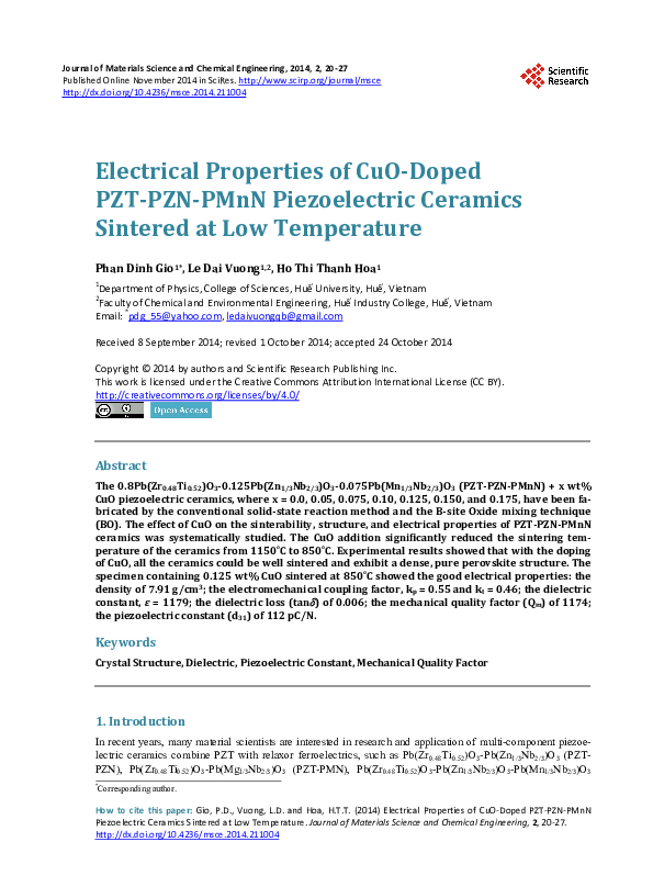 (PDF) Electrical Properties of CuO-Doped PZT-PZN-PMnN Piezoelectric Ceramics Sintered at Low ...