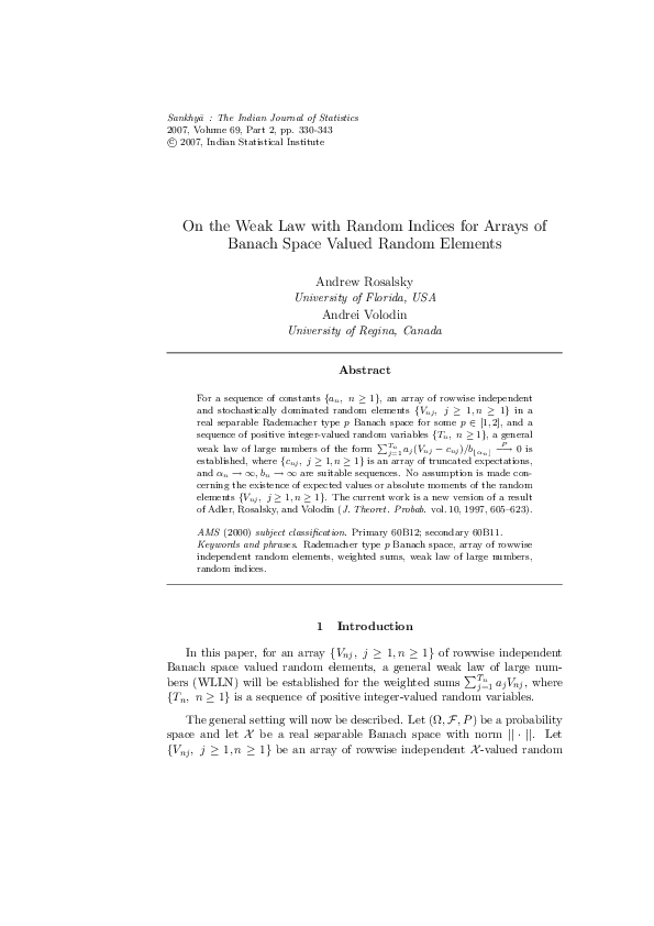 (PDF) On the Weak Law with Random Indices for Arrays of Banach Space Valued Random Elements