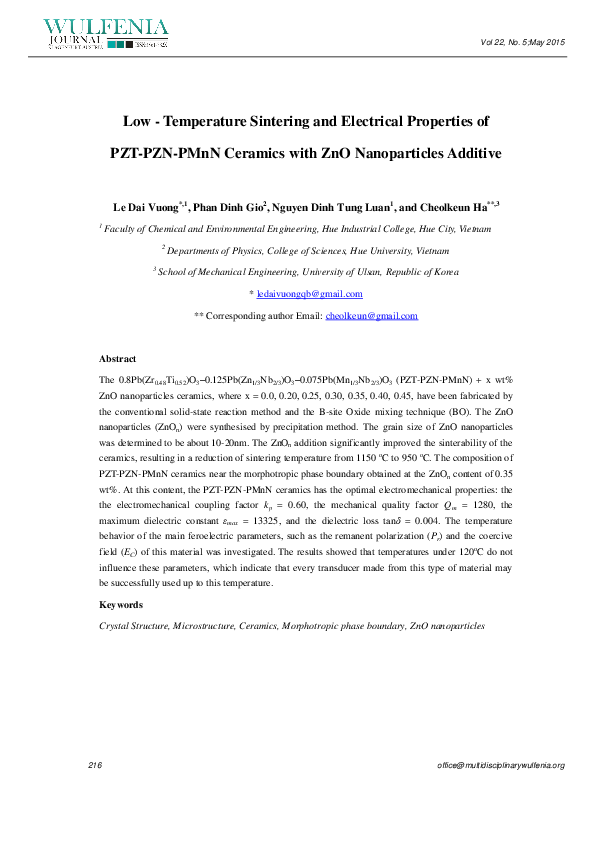 (PDF) Low -Temperature Sintering and Electrical Properties of PZT-PZN-PMnN Ceramics with ZnO ...