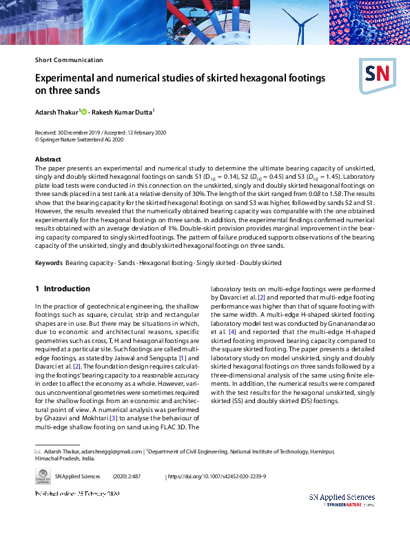 (PDF) Experimental and numerical studies of skirted hexagonal footings ...