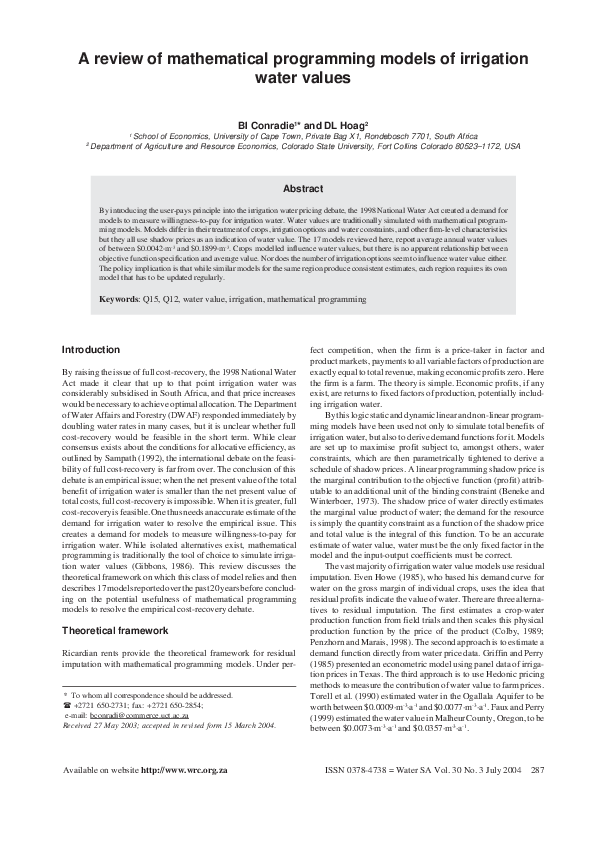 (PDF) A review of mathematical programming models of irrigation water values