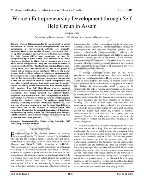 (PDF) Women Entrepreneurship Development through Self Help Group in Assam