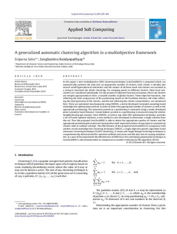 Pdf A Generalized Automatic Clustering Algorithm In A Multiobjective Framework