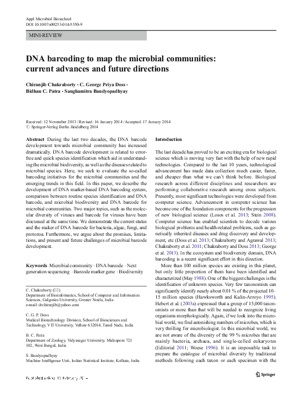 (PDF) DNA barcoding to map the microbial communities: current advances ...