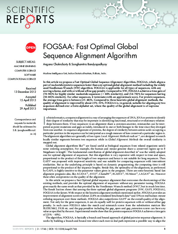 (PDF) FOGSAA: Fast Optimal Global Sequence Alignment Algorithm