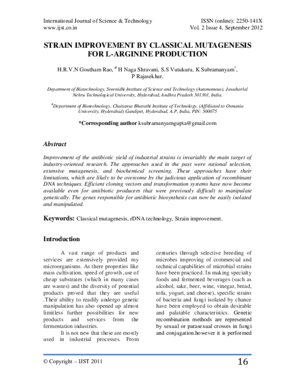 (PDF) Strain Improvement by Classical Mutagenesis for L-Arginine Production