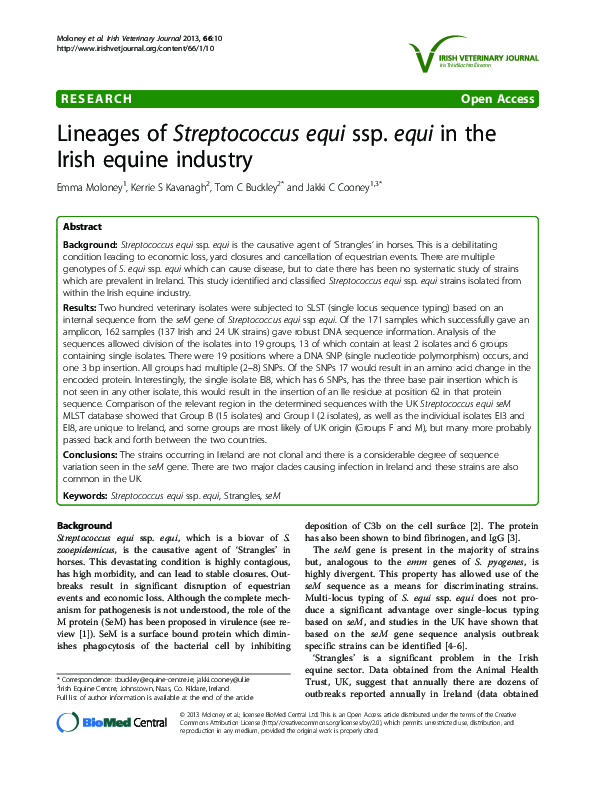Lineages of Streptococcus equi ssp. equi in the Irish equine industry
