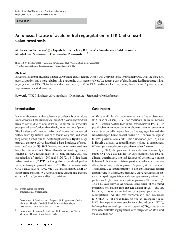 (PDF) An unusual cause of acute mitral regurgitation in TTK Chitra ...