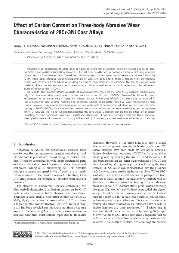 (PDF) Effect of Carbon Content on Three-body Abrasive Wear Characteristics of 28Cr-3Ni Cast Alloys
