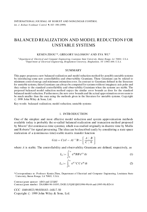 (PDF) Balanced realization and model reduction for unstable systems
